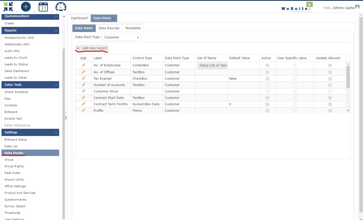 Configuring Data Points – WeSuite